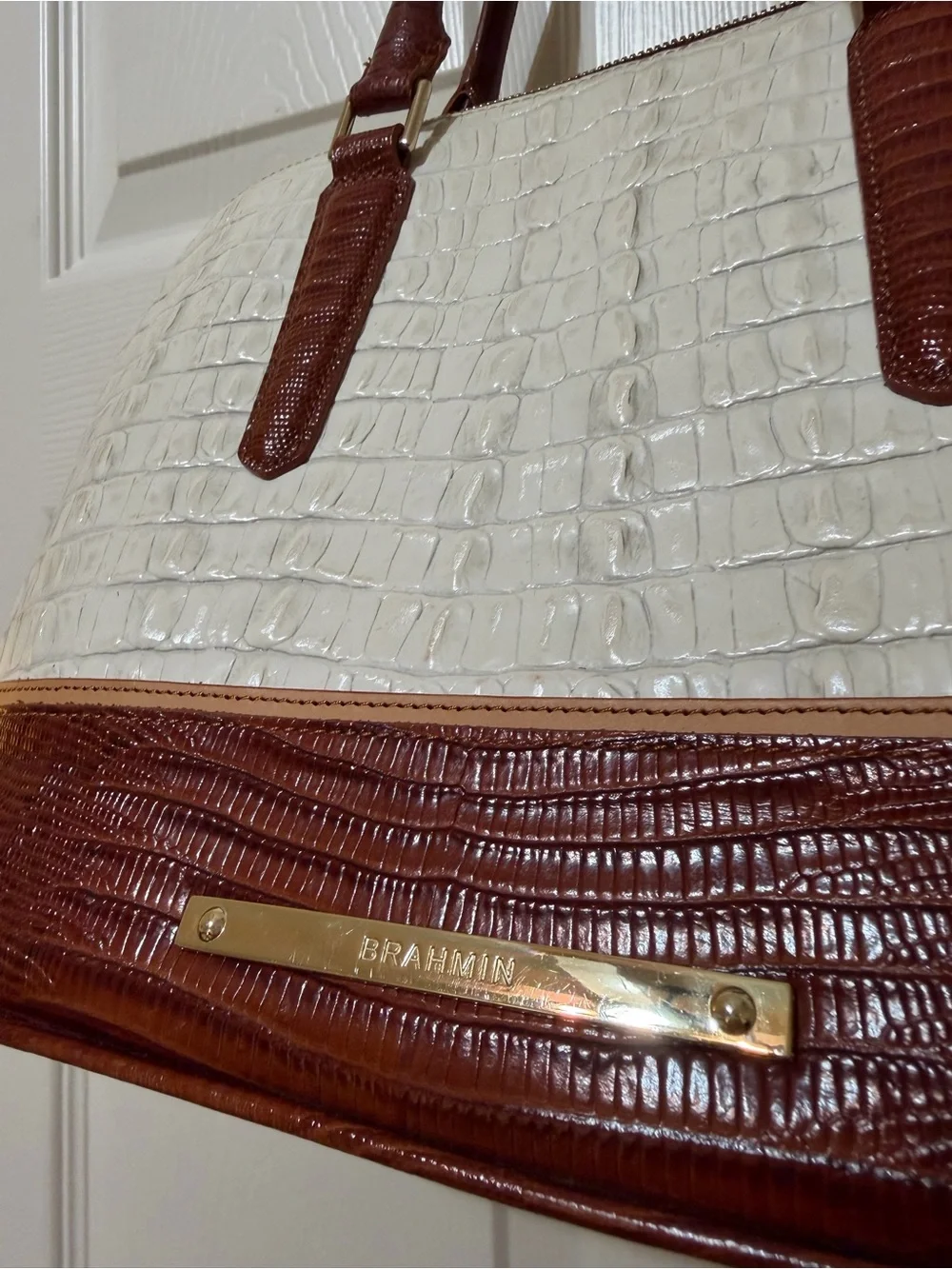 Bags | Brahmin Vivian Brown Ivory Crocembossed Dome Satchel | Poshmark